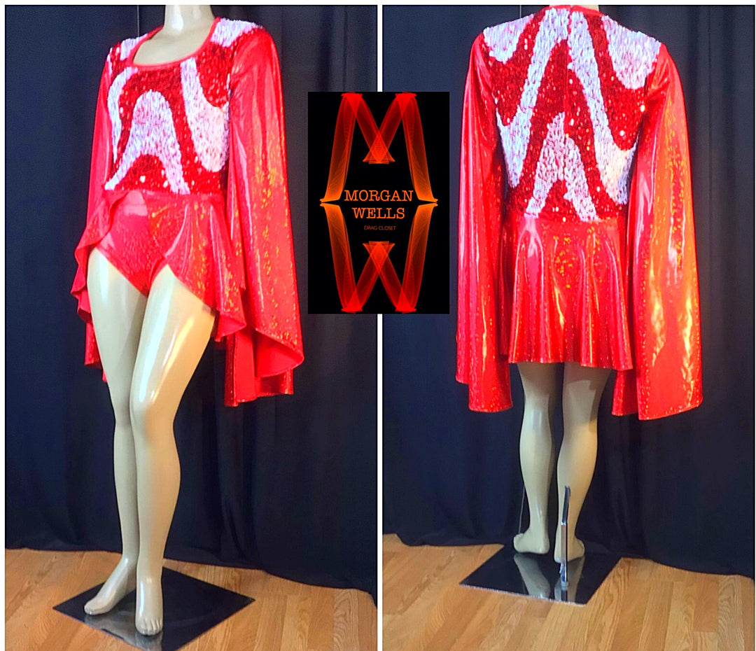 WAVEY SEQUIN AND HOLOGRAM SPANDEX LEOTARD IN RED – MORGAN WELLS DRAG CLOSET