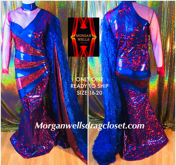 RUBY AND INDIGO HOLOGRAM SPANDEX DRESS WITH FAUX FEATHER SLEEVE READY ...