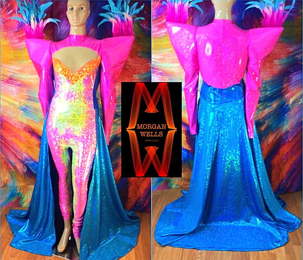 MULTI COLORED HOLOGRAM FEATHER TRIM SPANDEX CATSUIT – MORGAN WELLS DRAG ...
