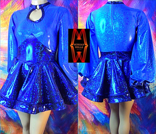 TWO TONE HOLOGRAM SUPER FLARE LEOTARD DRESS IN BLUE – MORGAN WELLS DRAG ...