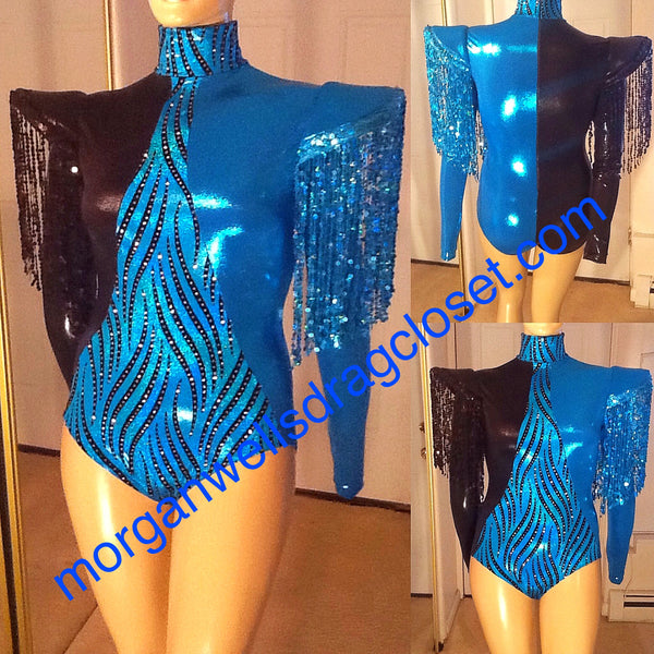 SEQUIN FRINGE TRIM DANCE LEOTARD IN TURQUOISE AND BLACK – MORGAN WELLS ...